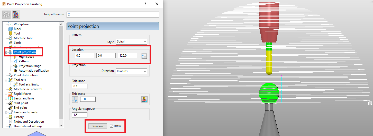Point projection toolpath only machines partial area in PowerMill