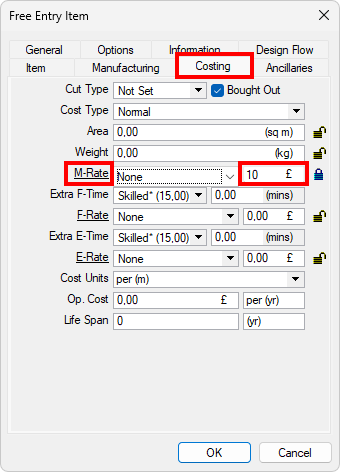 How to assign material costs to Free Entry items in Fabrication