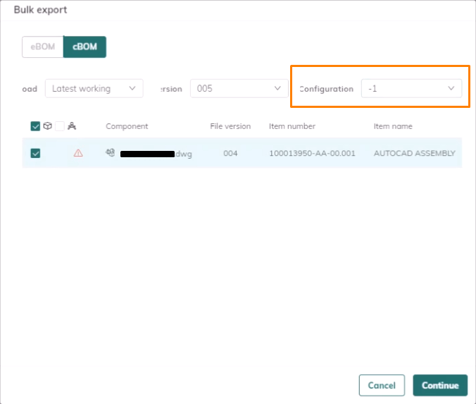 Configuration dropdown menu is showing for an item when performing Bulk Export in Upchain