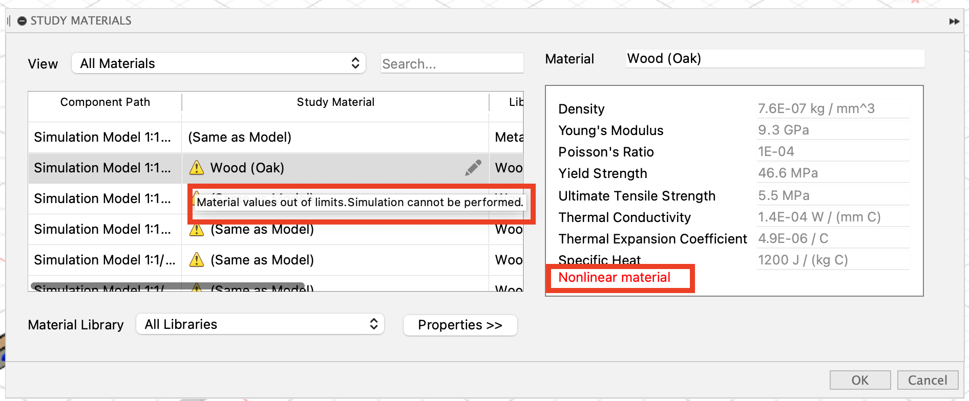 "Some components are using a material with invalid properties" in simulation precheck in Fusion 360