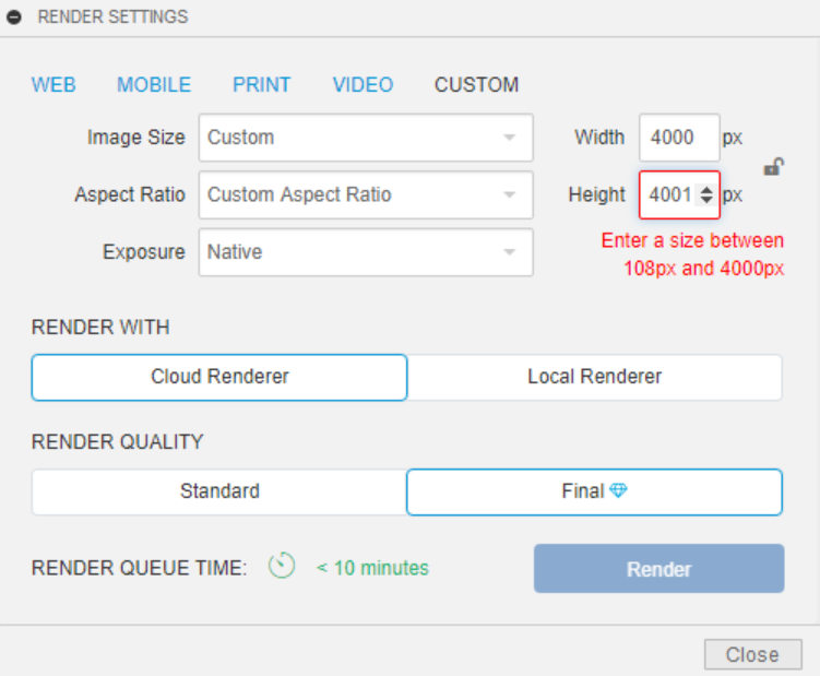 What is the maximum pixel resolution that can be created during rendering in Fusion 360