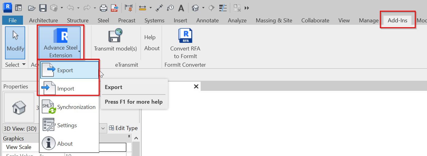 How to export the steel structure from the Revit model to Advance Steel