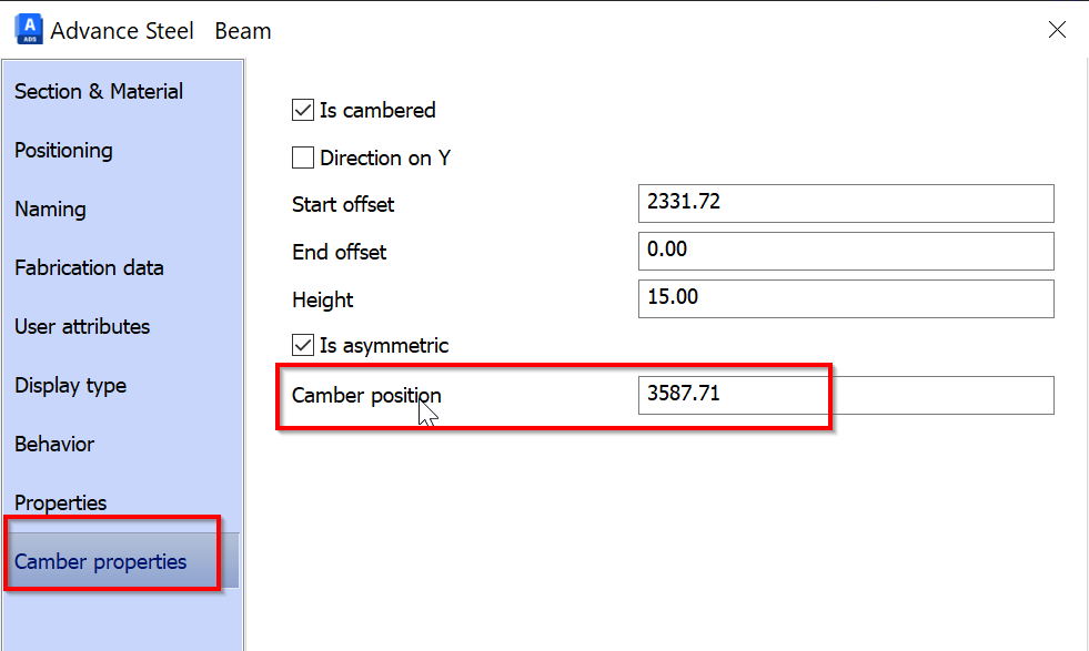 Cambered beam is incomplete in detail view, only system axis is shown in Advance Steel