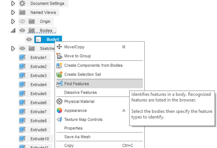 How to find/recognise features of an imported model in Fusion