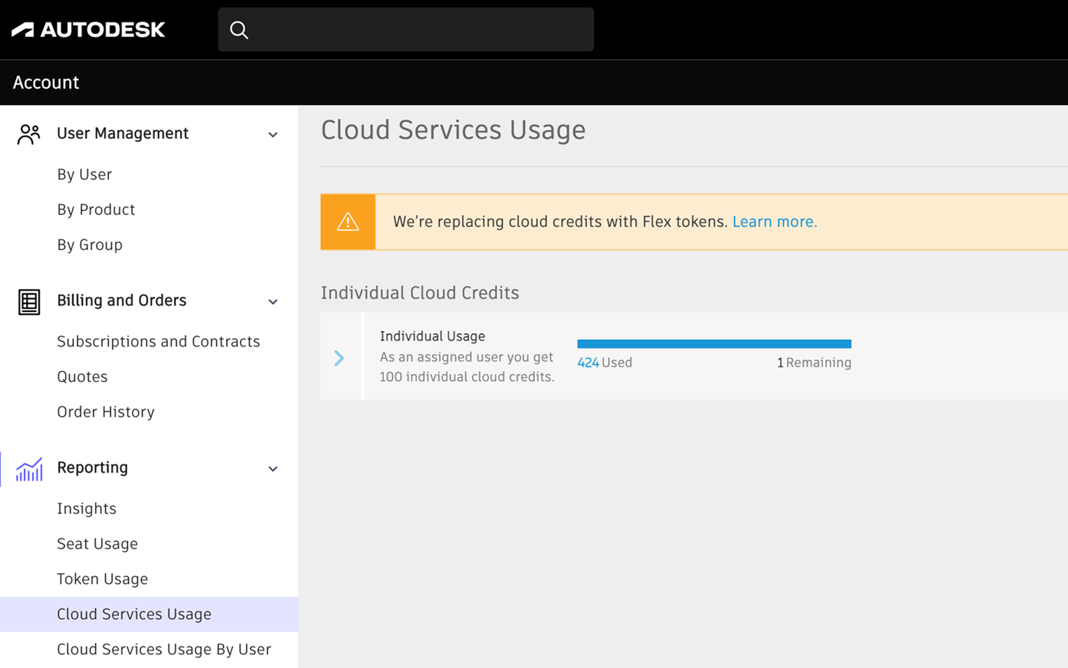 Shared Cloud Credits missing in Autodesk Account