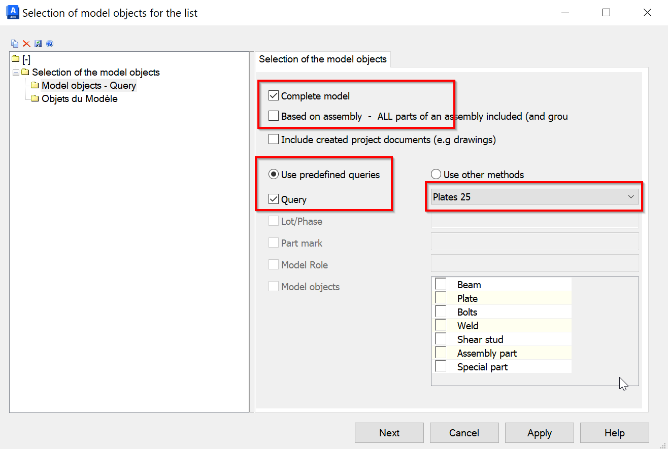 Non-selected elements get included in BOM list created on query selection in Advance Steel