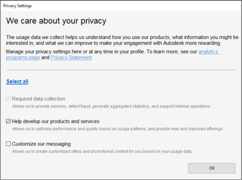 Privacy Settings dialogue comes up after it's been accepted in Autodesk ...