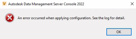 "An error occurred when applying configuration. See log for detail ...