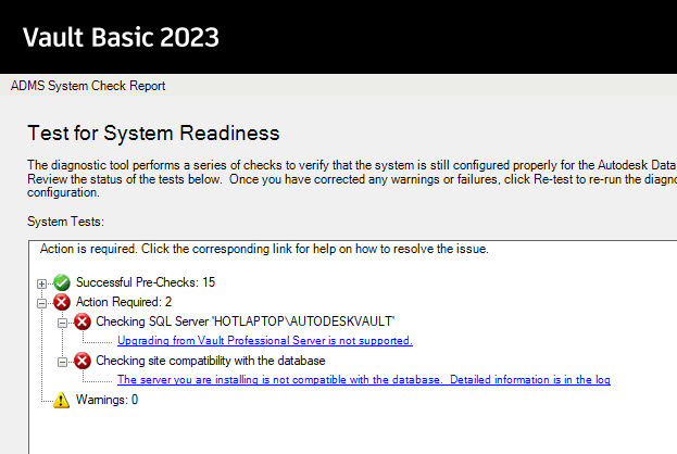 安装 Vault Basic Server 时显示“不支持从 Vault Professional Server 升级。”