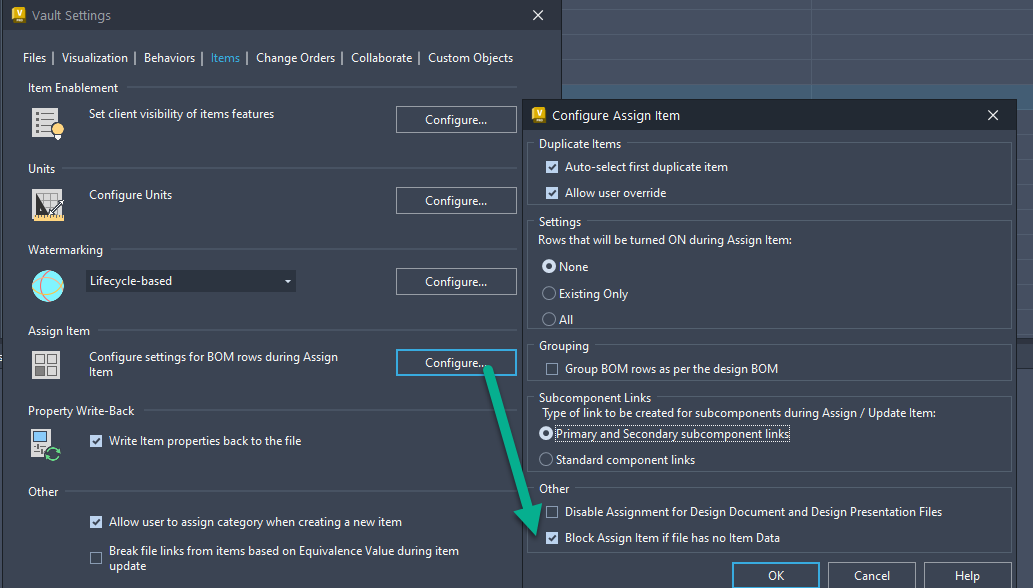 Is there a way to block item assignment for specific files in a Vault?