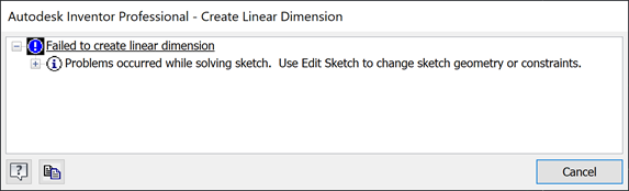 "Failed to create linear dimension" when trying to insert a dimension in an Inventor part sketch