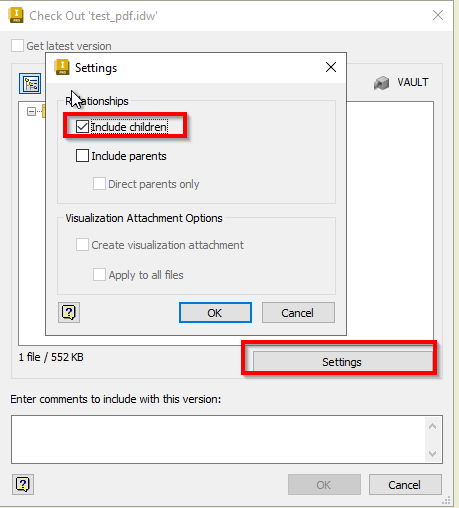 Attachments are checked out when checking out the parent file from Vault in Inventor