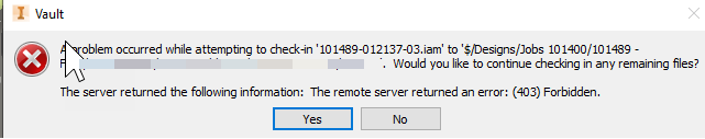 尝试将文件检入 Vault 时显示“错误：（403） 禁止”