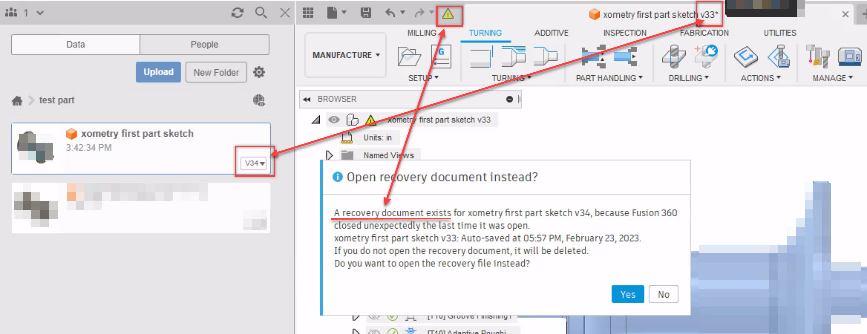 The Save and Export buttons are dimmed in Autodesk Fusion