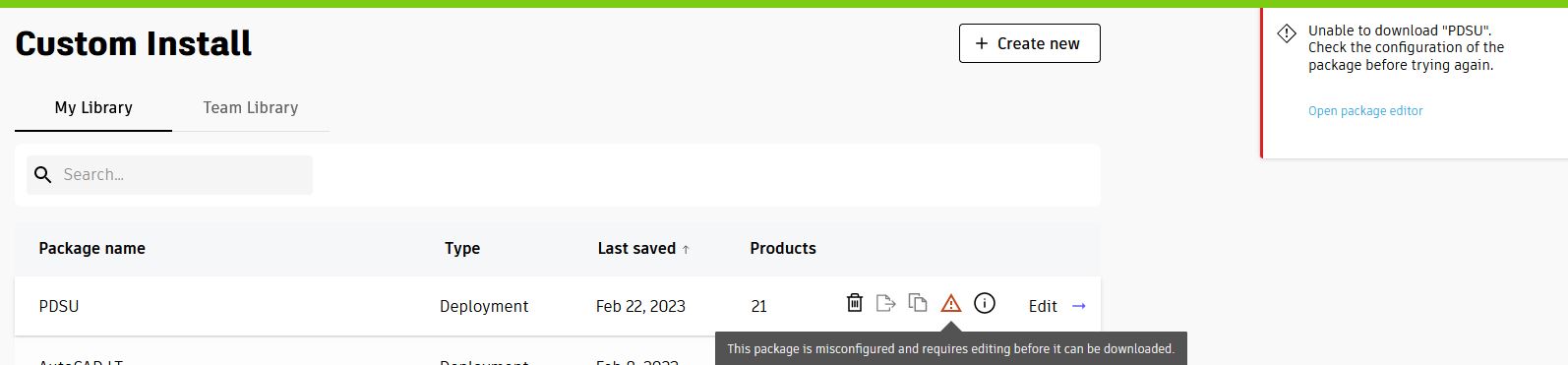 "Unable to download. Check the configuration of the package before ...