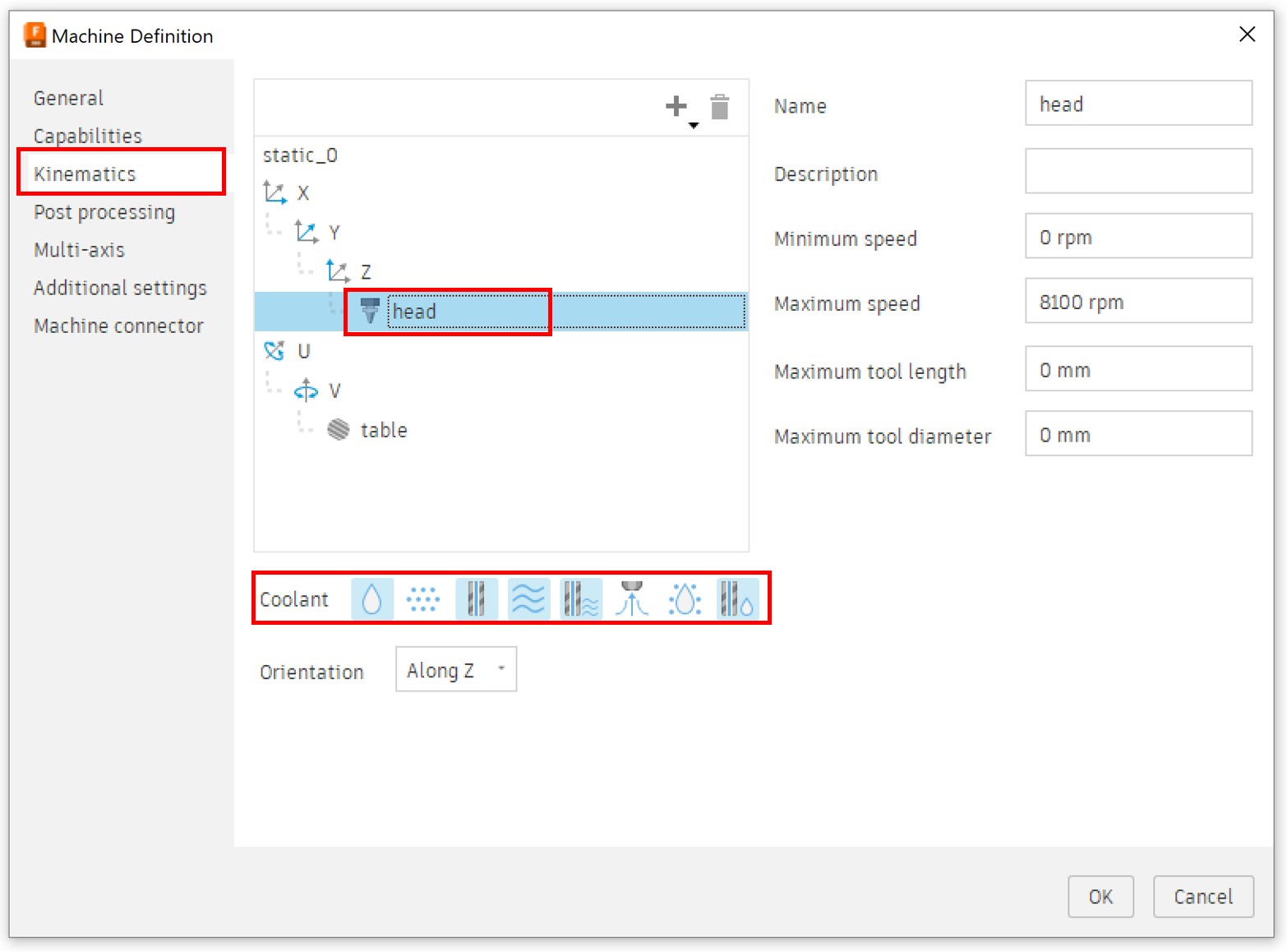 How to set up supported cooling types on a custom machine in Fusion 360