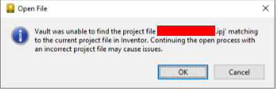 An error regarding the mandatory IPJ due to Vault restrictions is shown when opening an Inventor ...