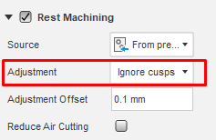 Cusps or lumps remain after 3D adaptive with Rest activated in Fusion 360.