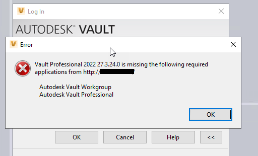 "Vault is missing the following required applications from http:// " when attempting to log in ...