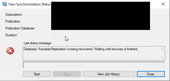 "Database Autodesk Replication is being recovered" is shown on Vault ...