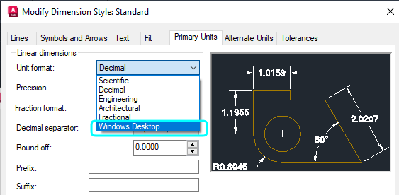 What is 'Windows Desktop' unit format of dimstyle in AutoCAD
