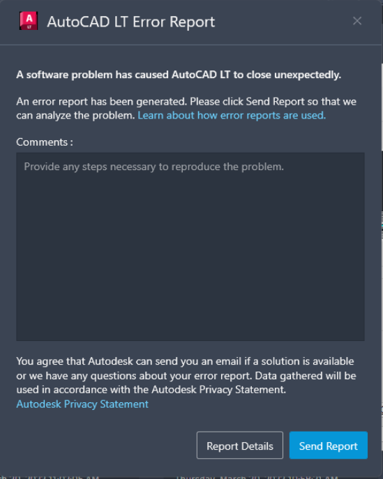 在 AutoCAD LT 中通过“打开”对话框打开图形时显示“软件问题导致 AutoCAD LT 意外关闭”