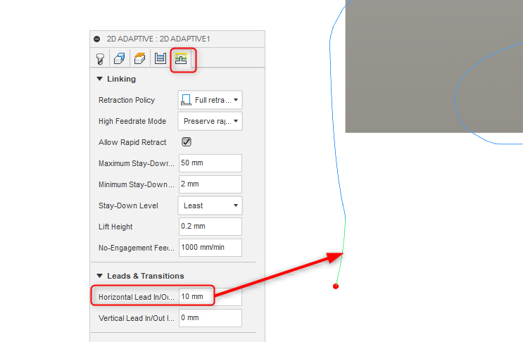 How to reduce lead in /out on 2D Adaptive toolpath in Autodesk Fusion