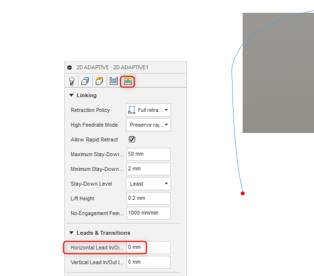 How to reduce lead in /out on 2D Adaptive toolpath in Autodesk Fusion