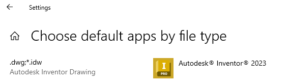 Windows未显示选项，无法将.dwg和.idw文件扩展名设置为默认为Inventor 2023