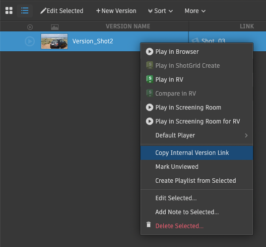 Copy Internal Version Link unavailable in ShotGrid