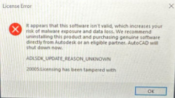 "ADLSDK_UPDATE_REASON_UNKNOWN 20005:Licensing has been tampered with" when opening AutoCAD