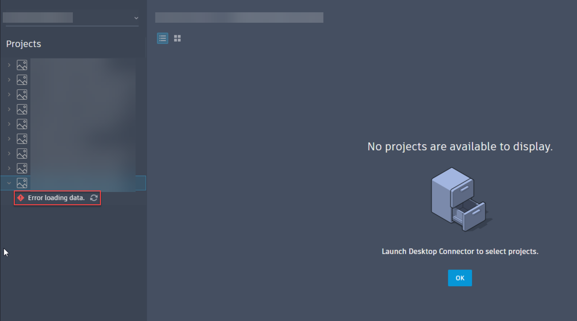 "Error loading data" when browsing Autodesk Projects in AutoCAD Products