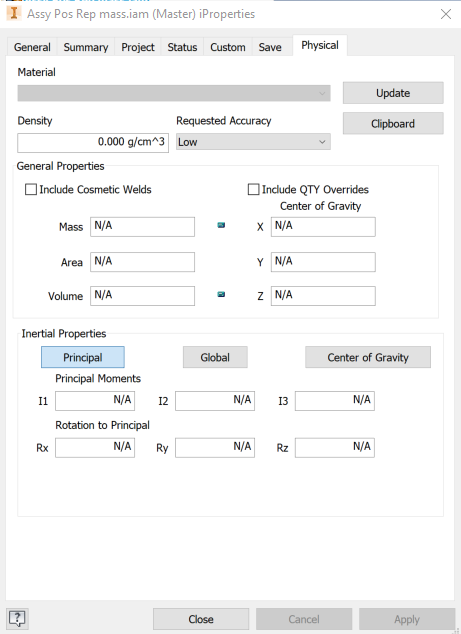 Mass of the Assembly in Inventor Drawing displays as N/A after changing positional ...