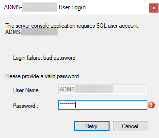 Vault Server ADMS Console 上显示“登录失败： 密码错误”