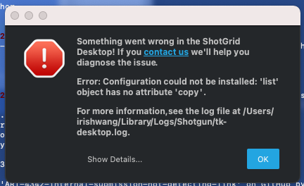 启动ShotGrid Desktop时显示“无法安装配置”