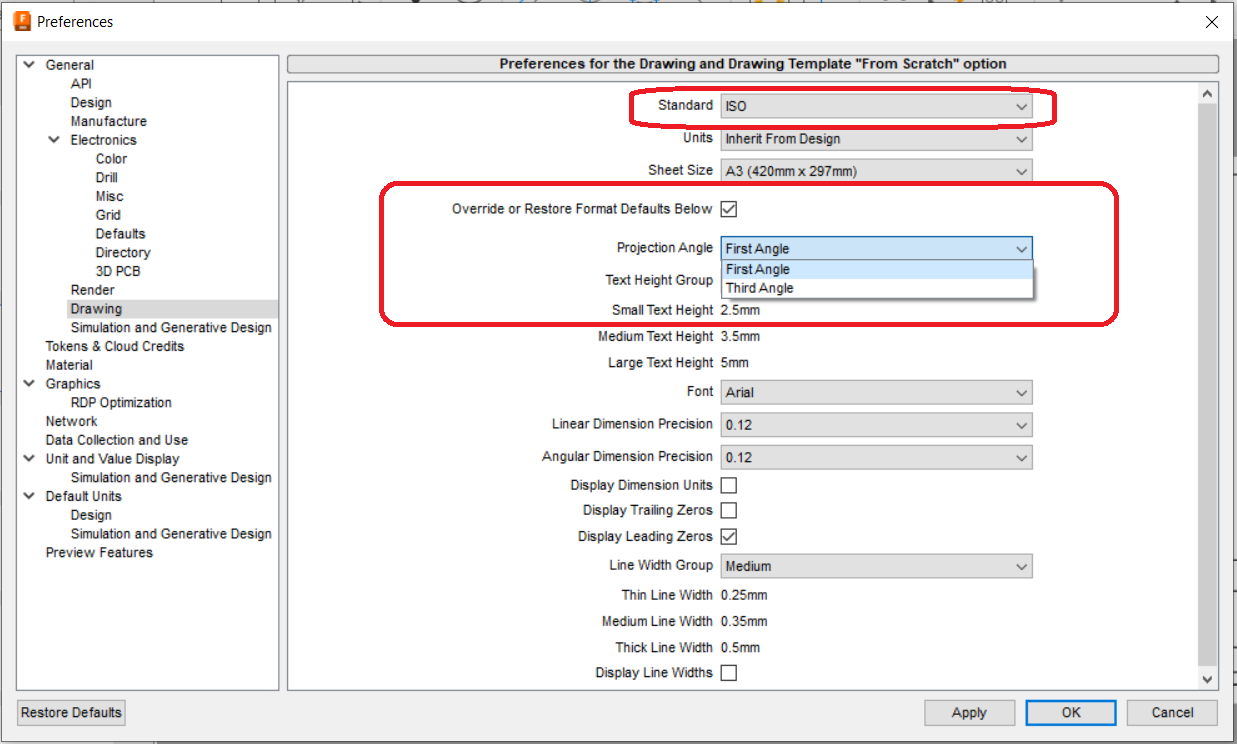 No option to change the projection angle settings in Fusion Drawings