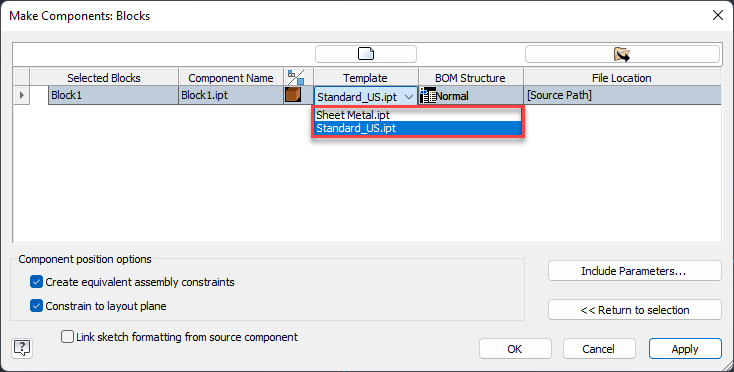 Templates available in drop-down in Make Components dialog in Inventor