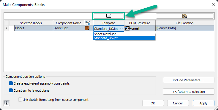 Templates available in drop-down in Make Components dialog in Inventor