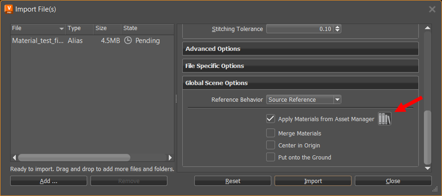 How to use the feature "apply materials from asset Manager" during import in VRED?