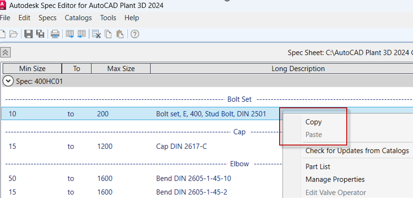 Paste functionality is grayed out in the Spec Editor in AutoCAD Plant 3D