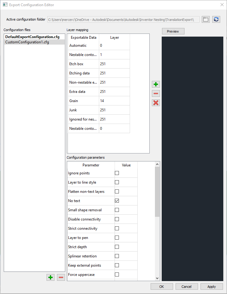 What does the DXF export configuration tool do in Inventor Nest