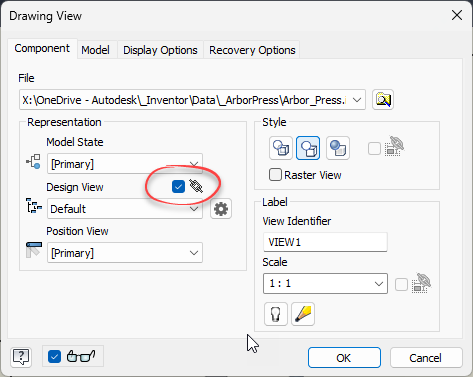 Preset associative design view when creating drawing view in Inventor