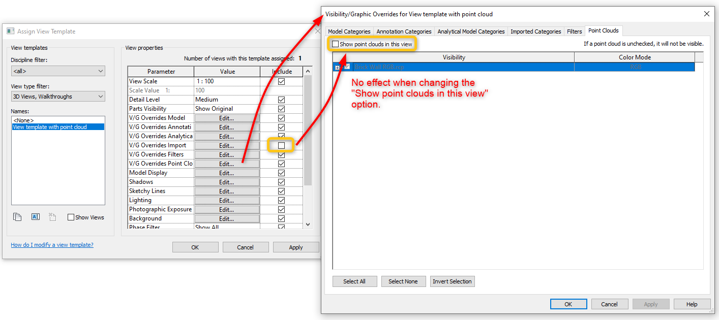 Visibility of point cloud is affected by Import override in view ...