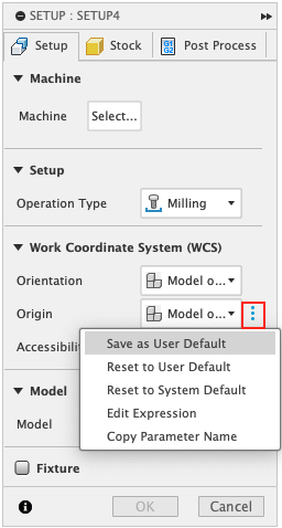 How to set the WCS origin to the default model origin in the Fusion manufacturing setup
