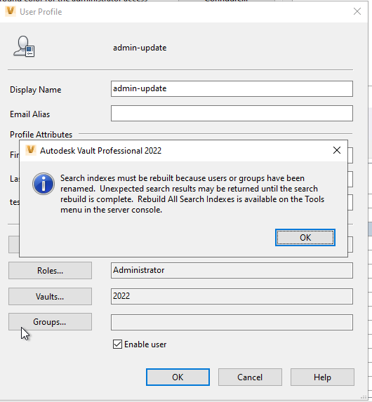 After changing Display Name for a Vault account there is a prompt to re-index