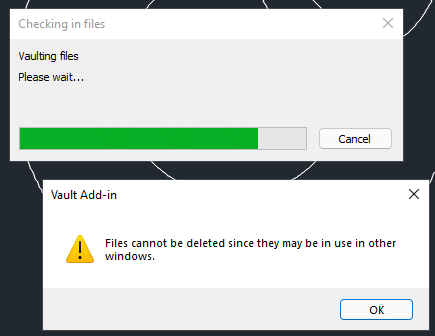 "Files cannot be deleted..." when checking in AutoCAD DWG to Vault
