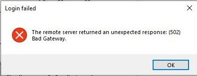 "The remote server returned an unexpected response: (502) Bad Gateway" error on login to Upchain