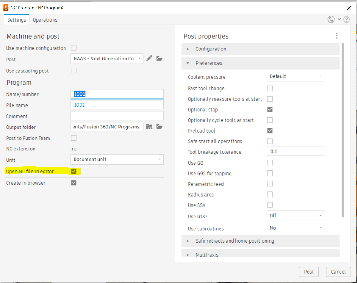 The NC file editor doesn't open when posting in Fusion