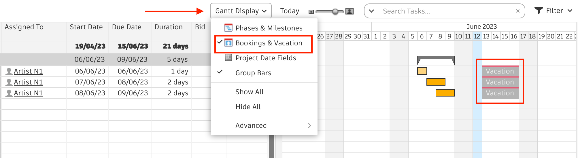 How to display Bookings and Vacations in Gantt view in ShotGrid