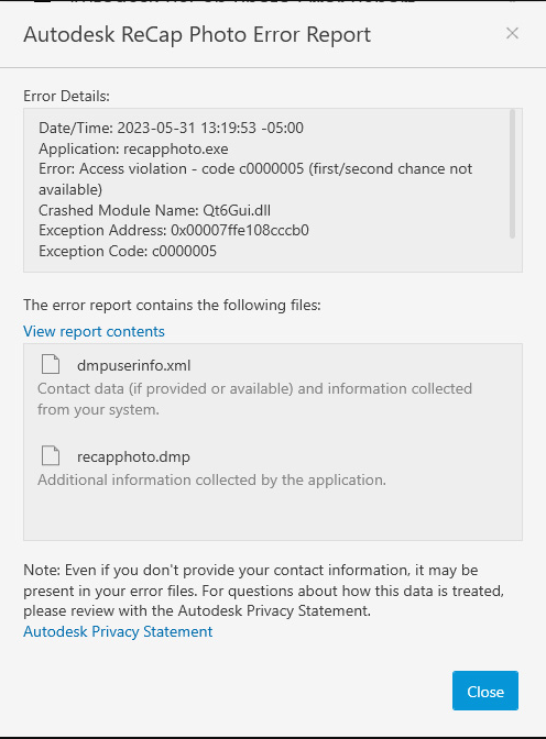 错误：ReCap Pro 中的访问冲突 - 代码 c0000005（第一次/第二次机会不可用）